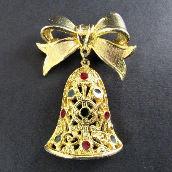 Jewelry | Vintage Gold Tone Chritmas Bell Brooch Red Green Rhinestones ...